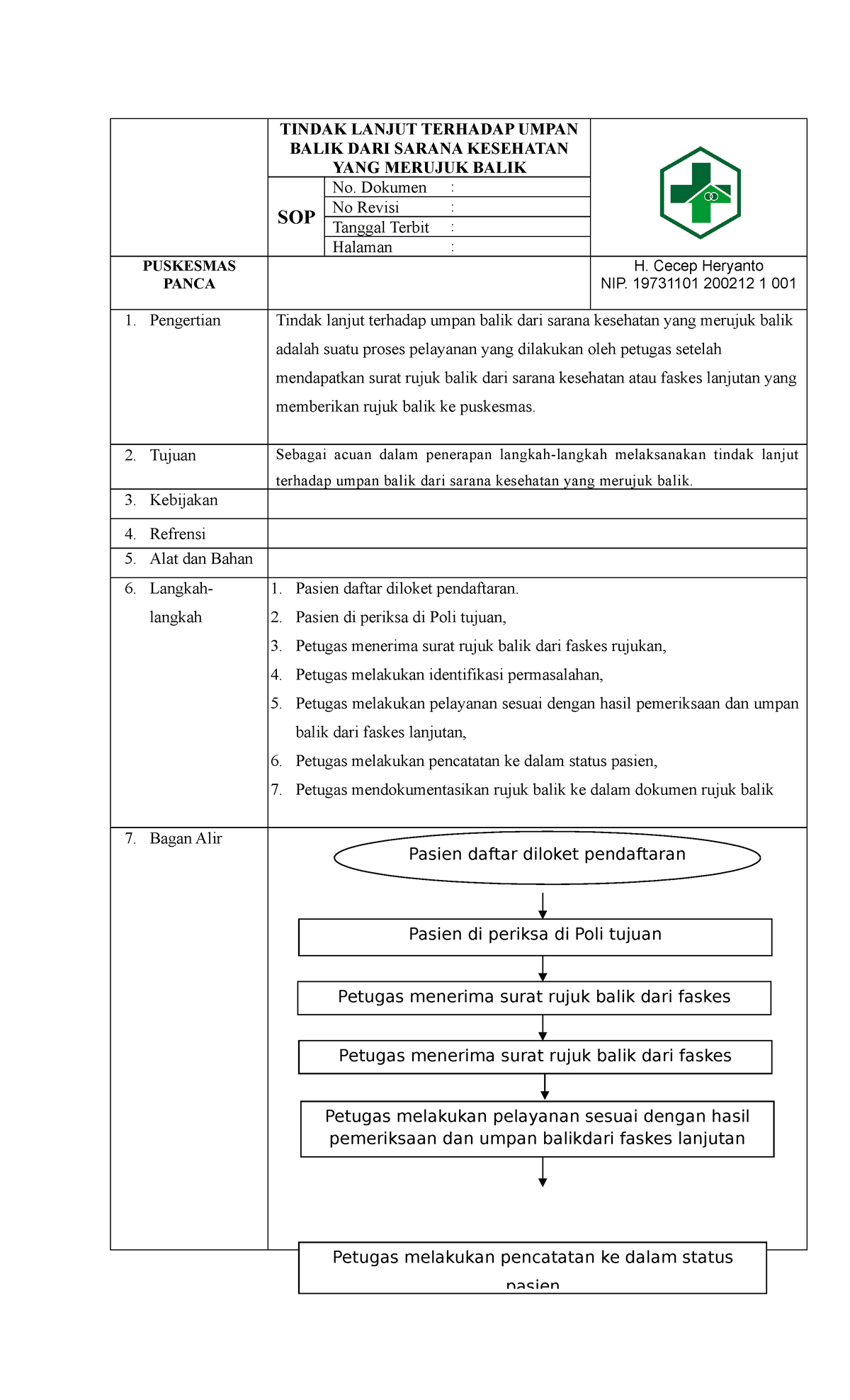 Sop-Rujuk-Balik PKM Panca - TINDAK LANJUT TERHADAP UMPAN BALIK DARI ...