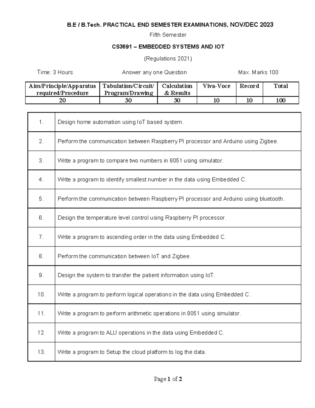 CS3691 SET3 - lab question paper - Page 1 of 2 B / B. PRACTICAL END ...