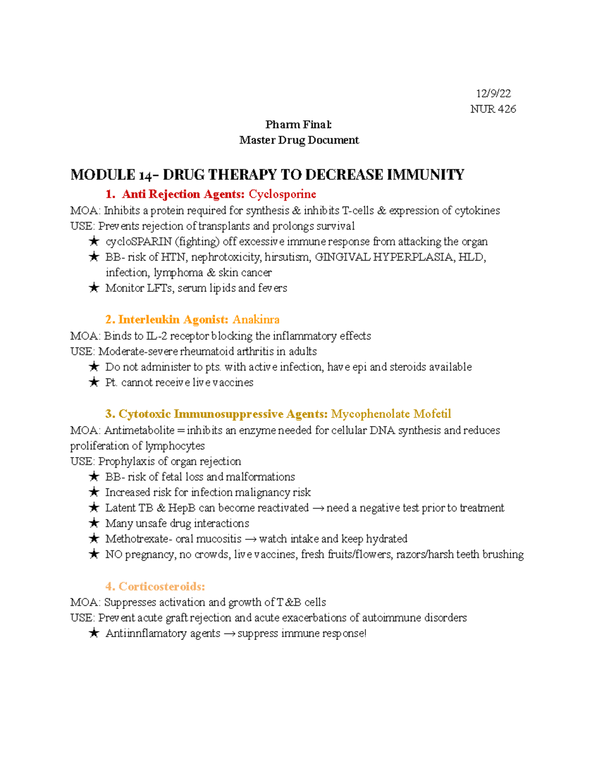 Pharm study guide - 12/9/ NUR 426 Pharm Final: Master Drug Document ...