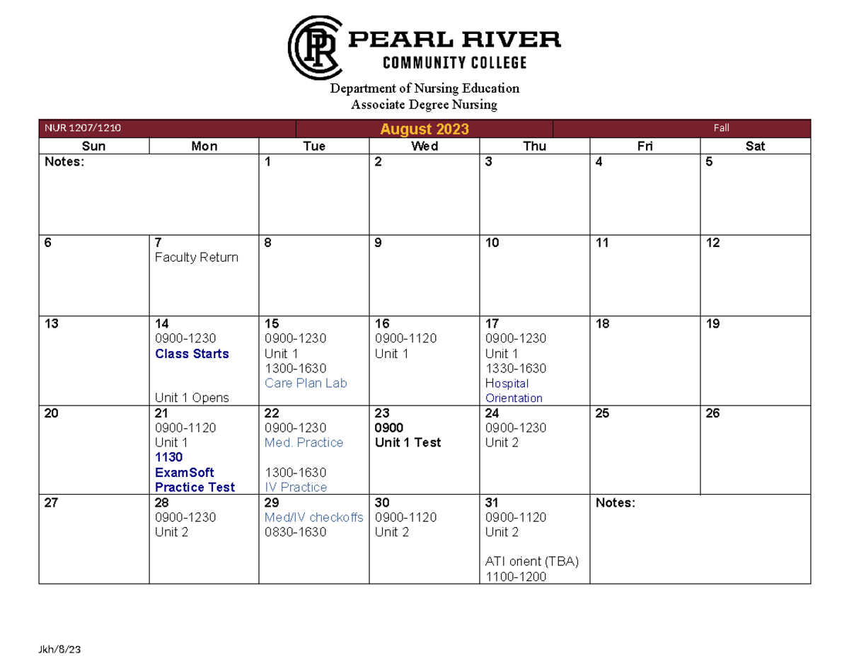 NUR 1210 FA23 Calendar Student - Associate Degree Nursing NUR 1207/1210 ...