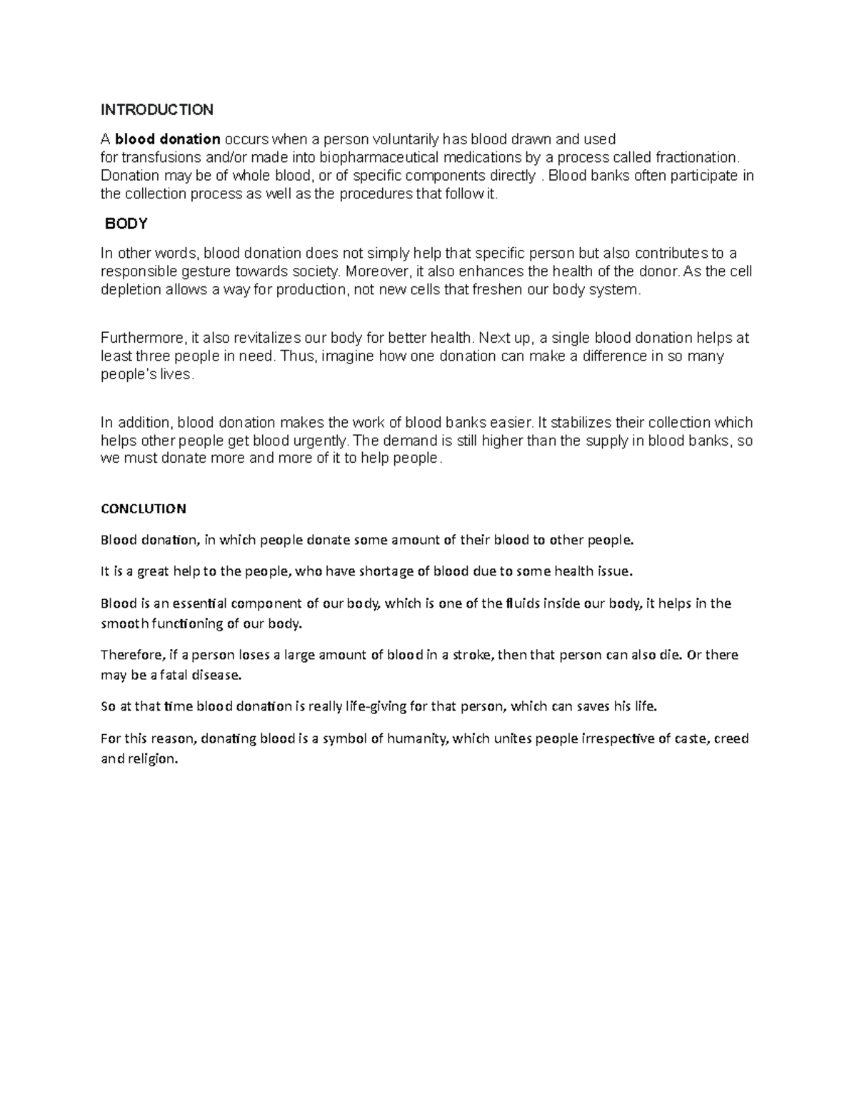 Blood donation - Nowelyn Kaye Tamares - INTRODUCTION A blood donation ...