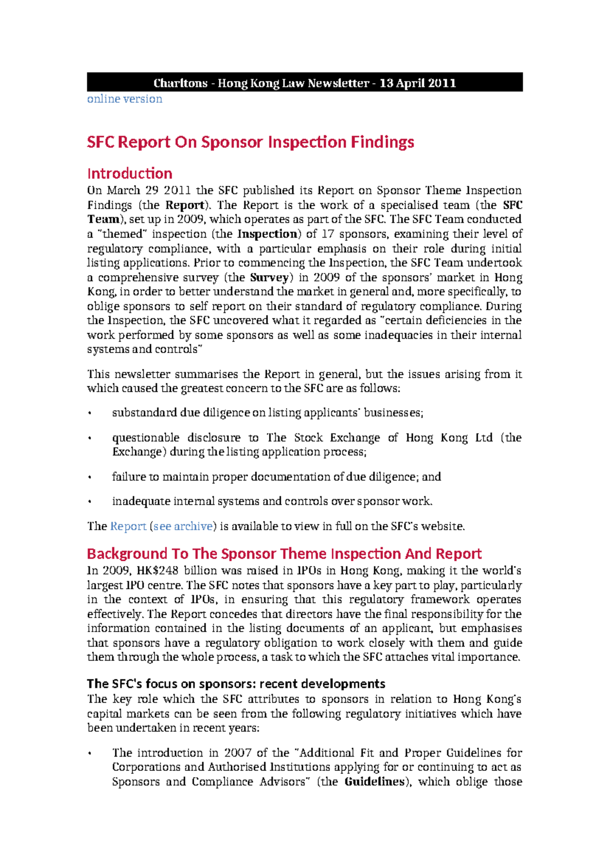 SFC Report on Sponsor Inspection Findings - Charltons - Hong Kong Law ...