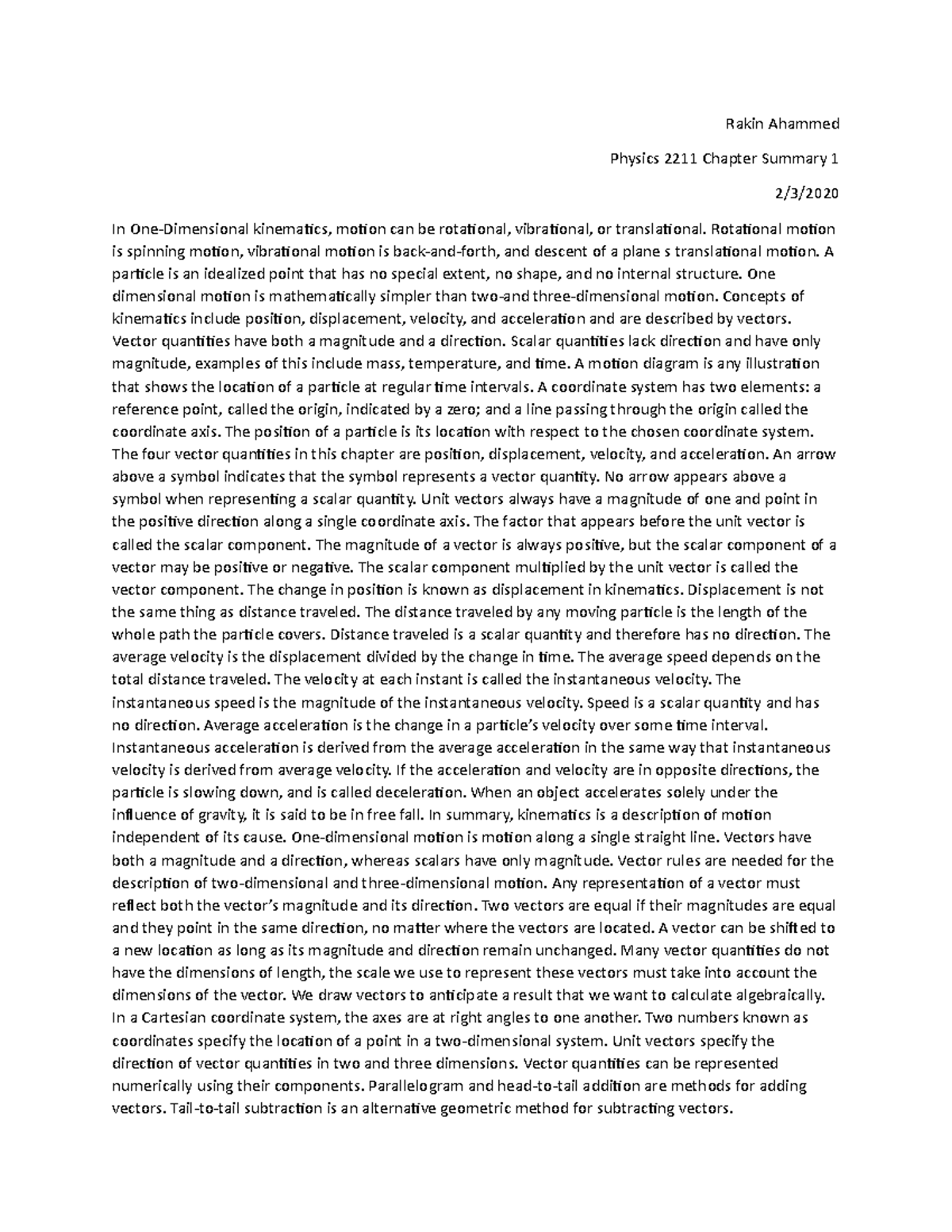 Chapter Summary 1 - Lecture notes 1 - Rakin Ahammed Physics 2211 ...