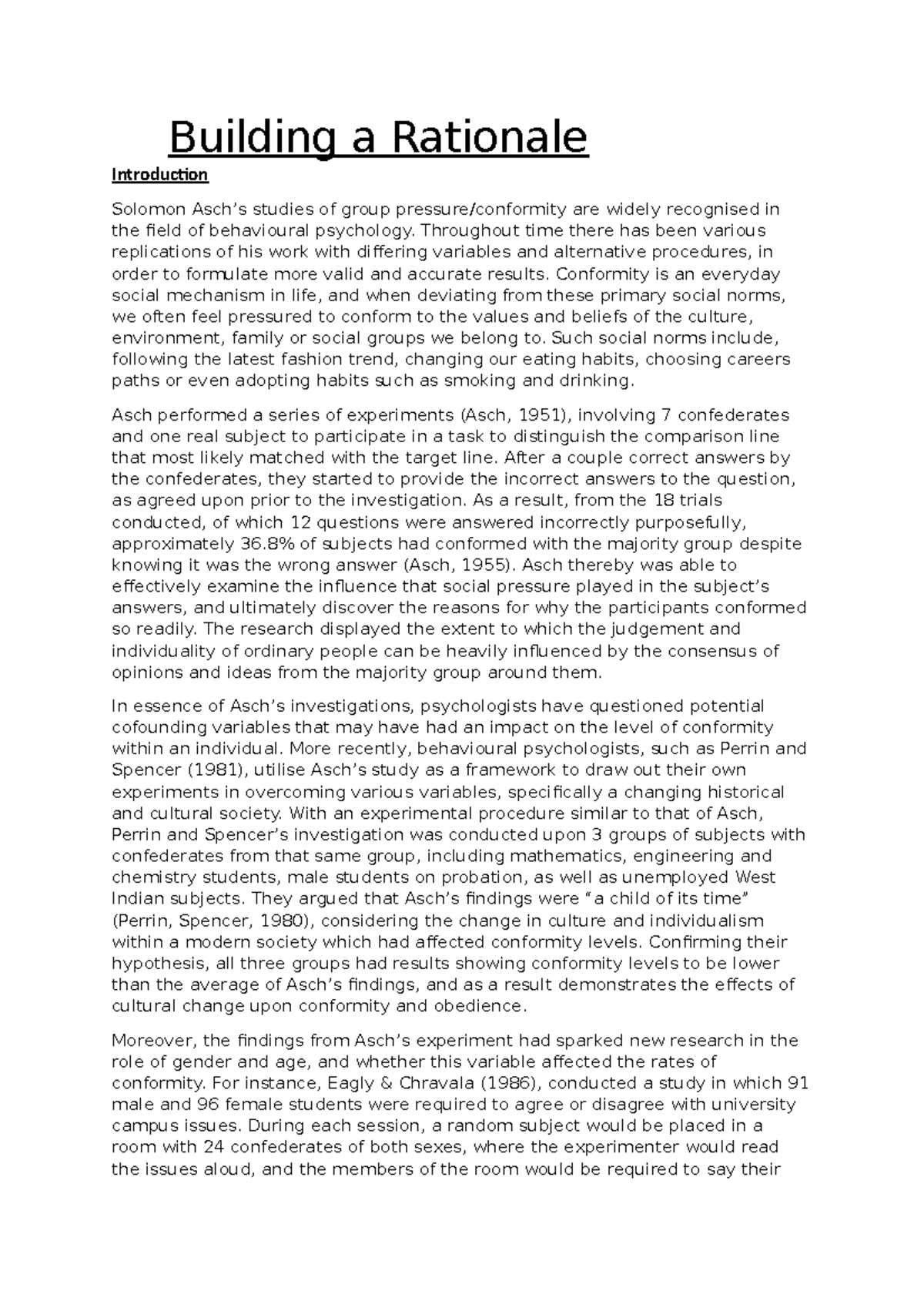 Building a Rationale - aschs experiment - Building a Rationale ...