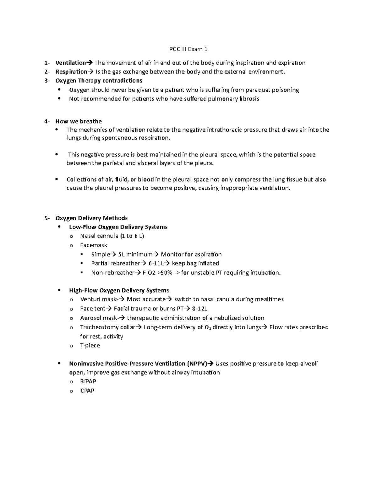PCC III Exam 1 - Study guide for exam 1 - PCC III Exam 1 1- Ventilation ...