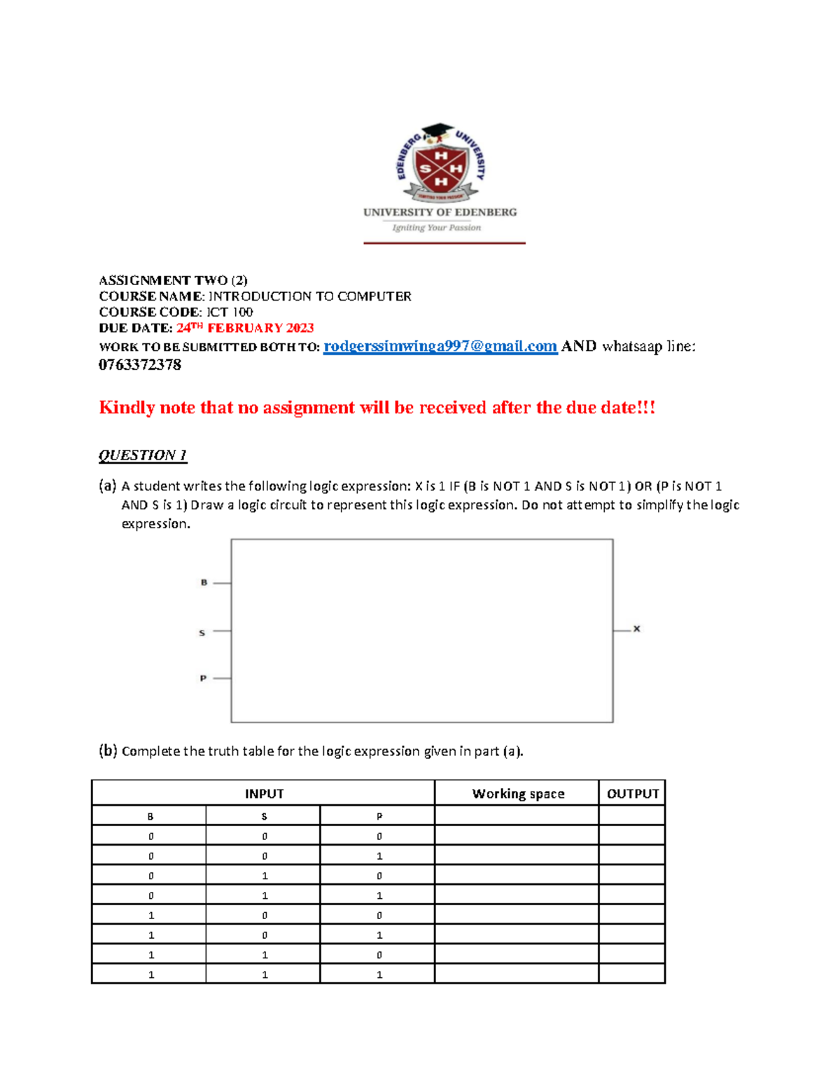ICT 100 Assignment 2 - ASSIGNMENT TWO (2) COURSE NAME: INTRODUCTION TO ...