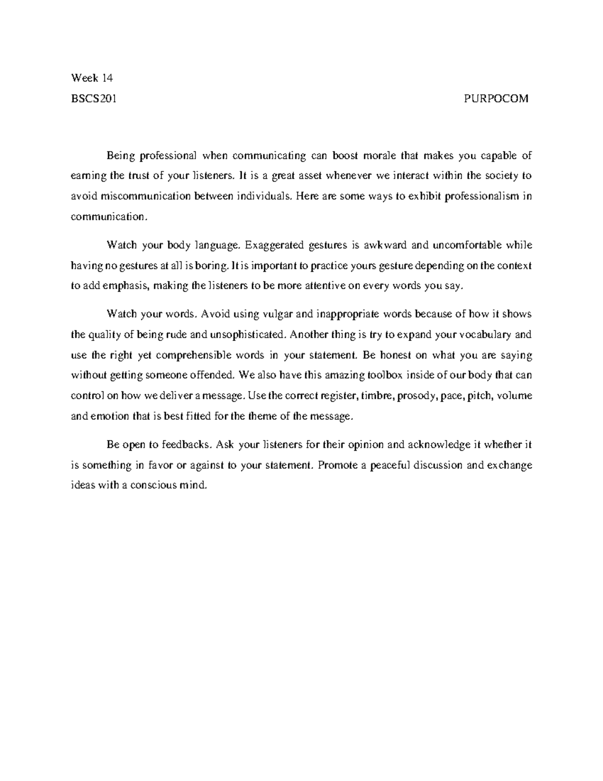Week 14 - Essay about professionalism in communication - Week 14 ...