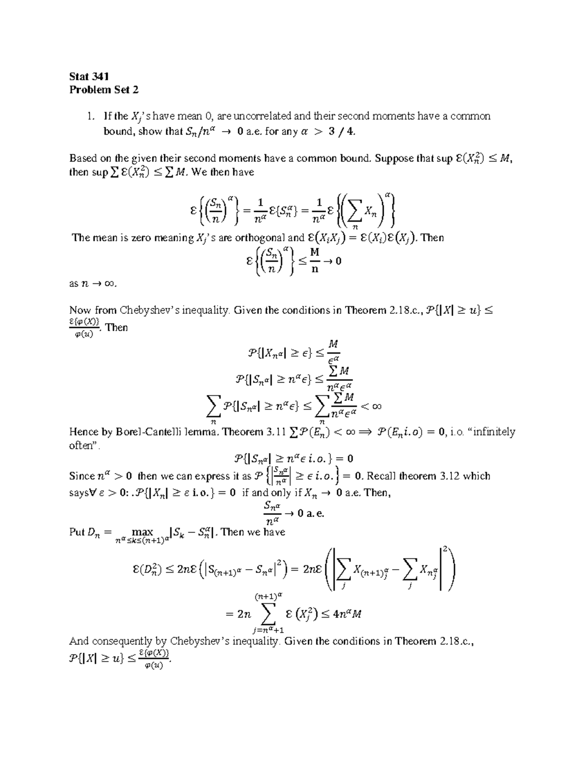 Stat 341 prob set 2 - graduate studies - Stat 341 Problem Set 2 If the ...
