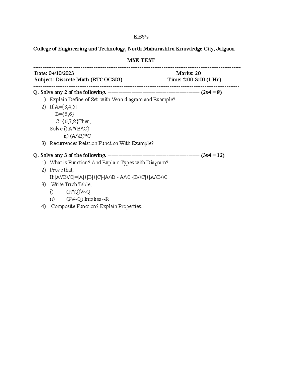 MID TEST DM - KBS’s College of Engineering and Technology, North ...