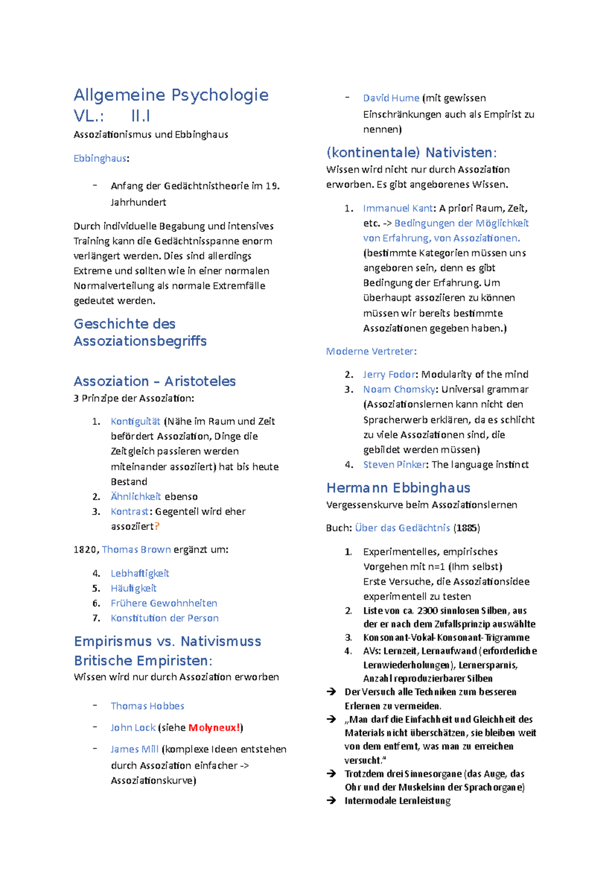 Allgemeine Psychologie - : II Assoziationismus und Ebbinghaus Ebbinghaus: - Anfang der - Studocu