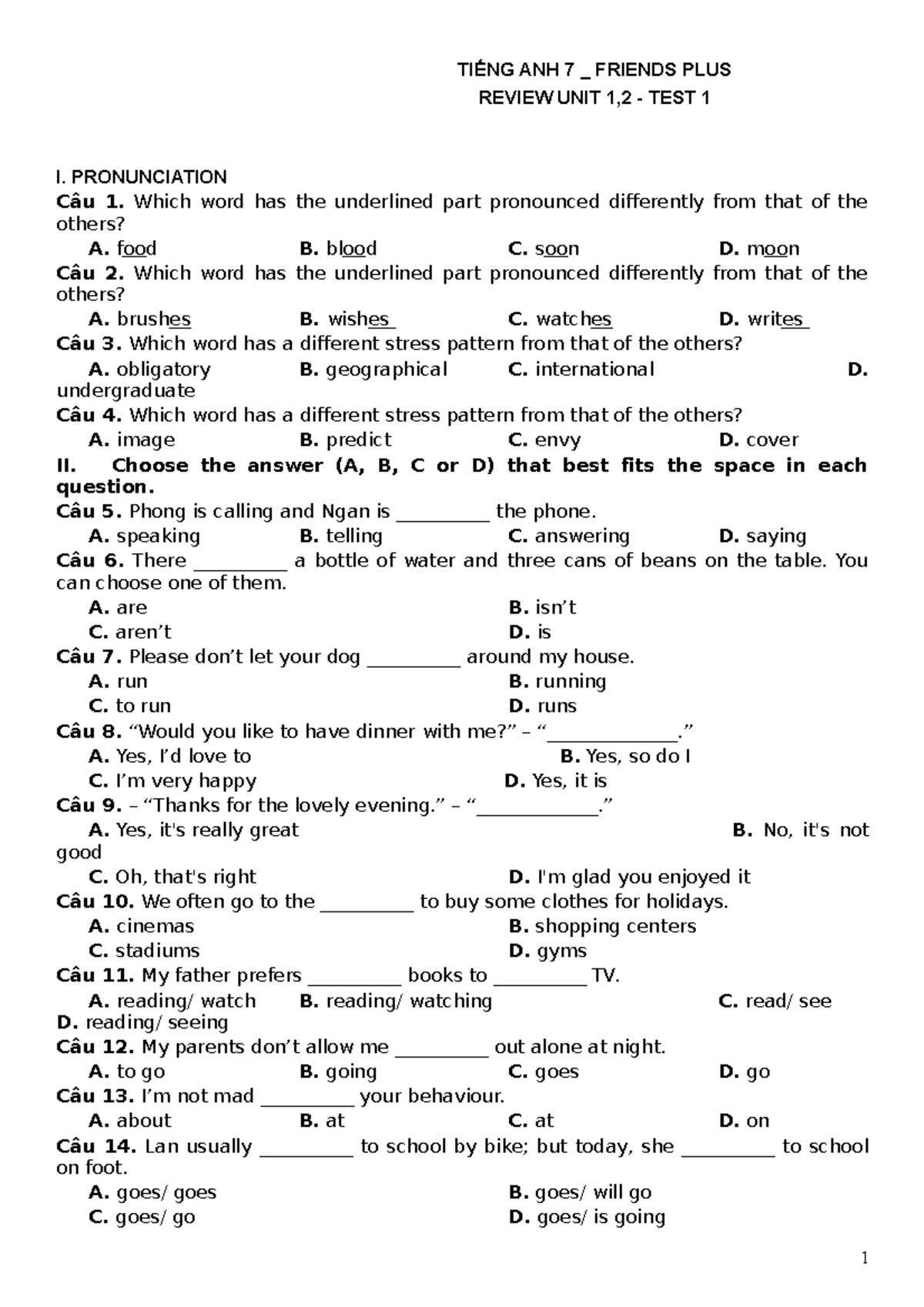 Tieng Anh 7 Friends Plus - Progress Review 1 - Test 1 - TIẾNG ANH 7 ...