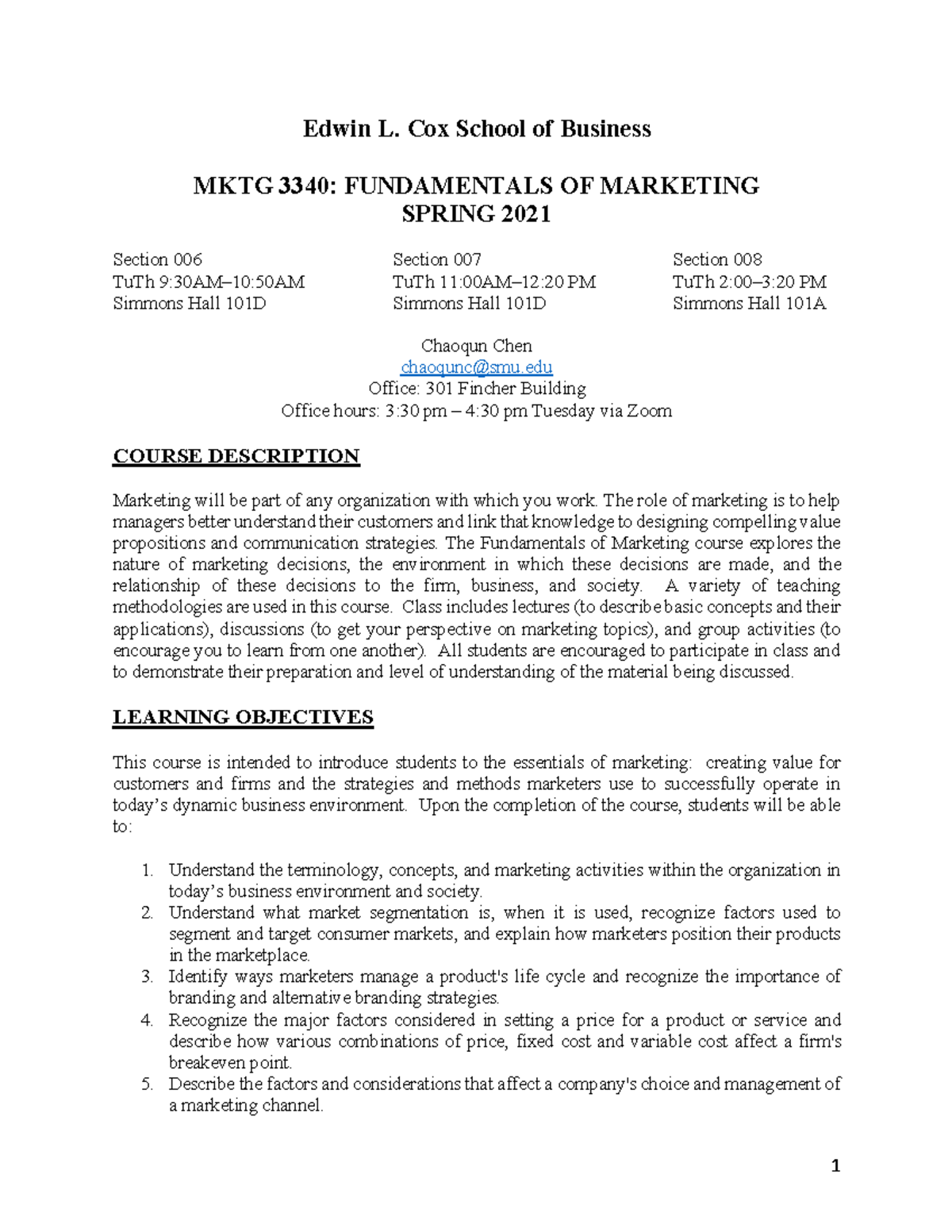 MKTG 3340 Syllabus - 1 Edwin L. Cox School of Business MKTG 3340 ...