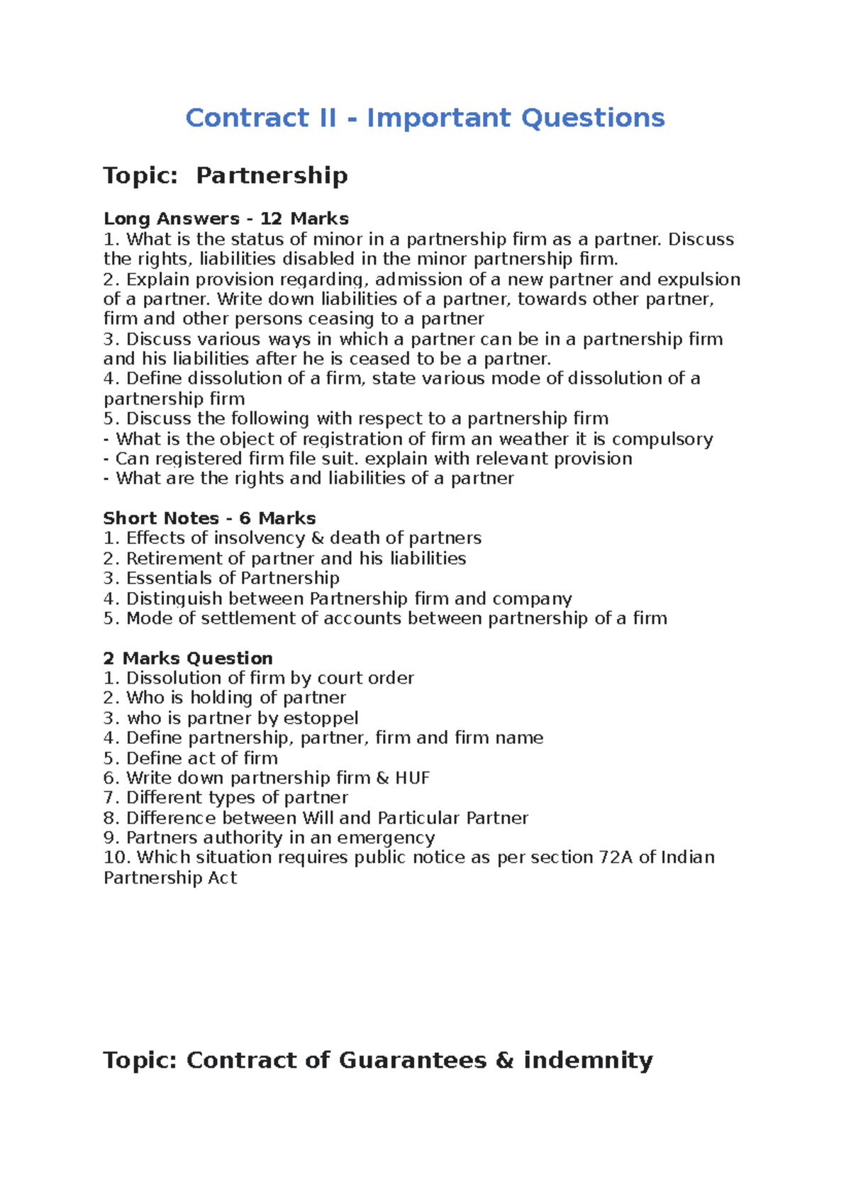 Contract 2 Important Questions - Contract II - Important Questions ...