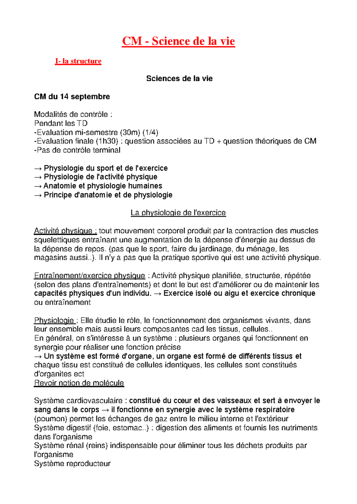 CM semestre 1 - CM - Science de la vie I- la structure Sciences de la ...
