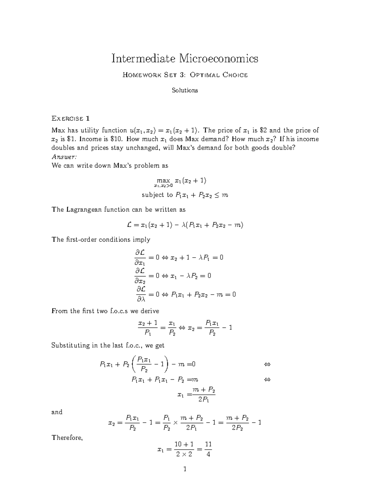 Hmk3 sols 18 - HW Solutions - Intermediate Microeconomics Homework Set 3: Optimal Choice ...