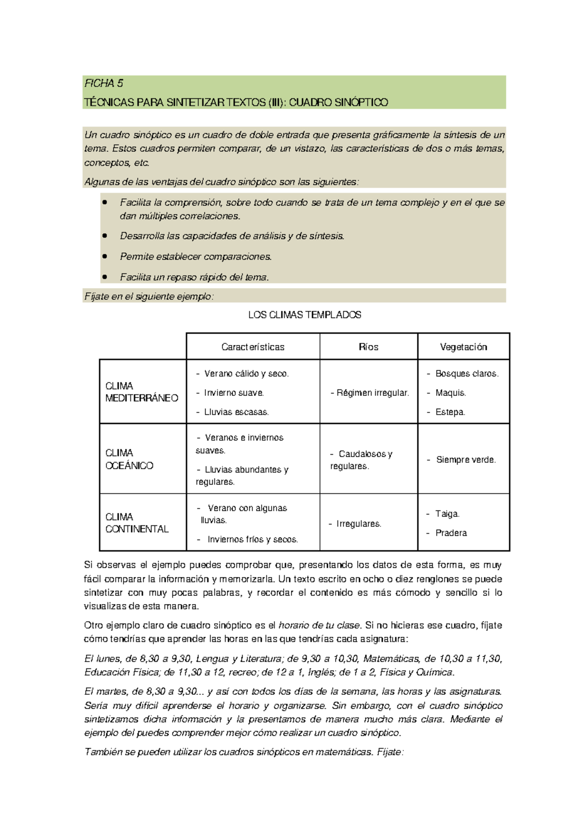 Ficha-5. Cuadro Sinóptico - FICHA 5 TÉCNICAS PARA SINTETIZAR TEXTOS (III): CUADRO SINÓPTICO Un ...