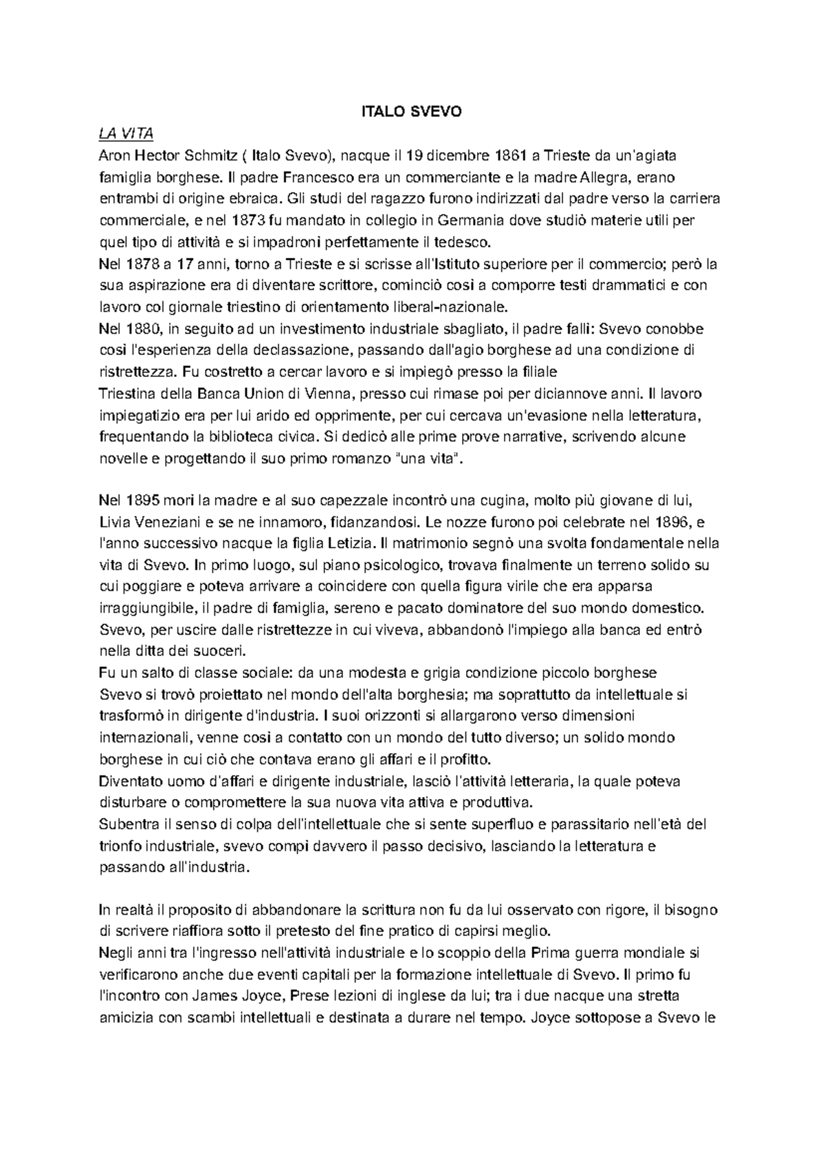 Svevo - ITALO SVEVO LA VITA Aron Hector Schmitz ( Italo Svevo), nacque il 19 dicembre 1861 a ...