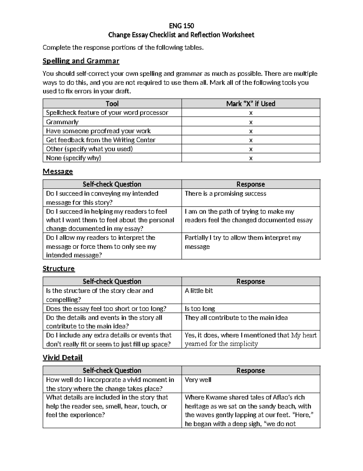 Change Essay Check and Reflect Worksheet - ENG 150 Change Essay ...