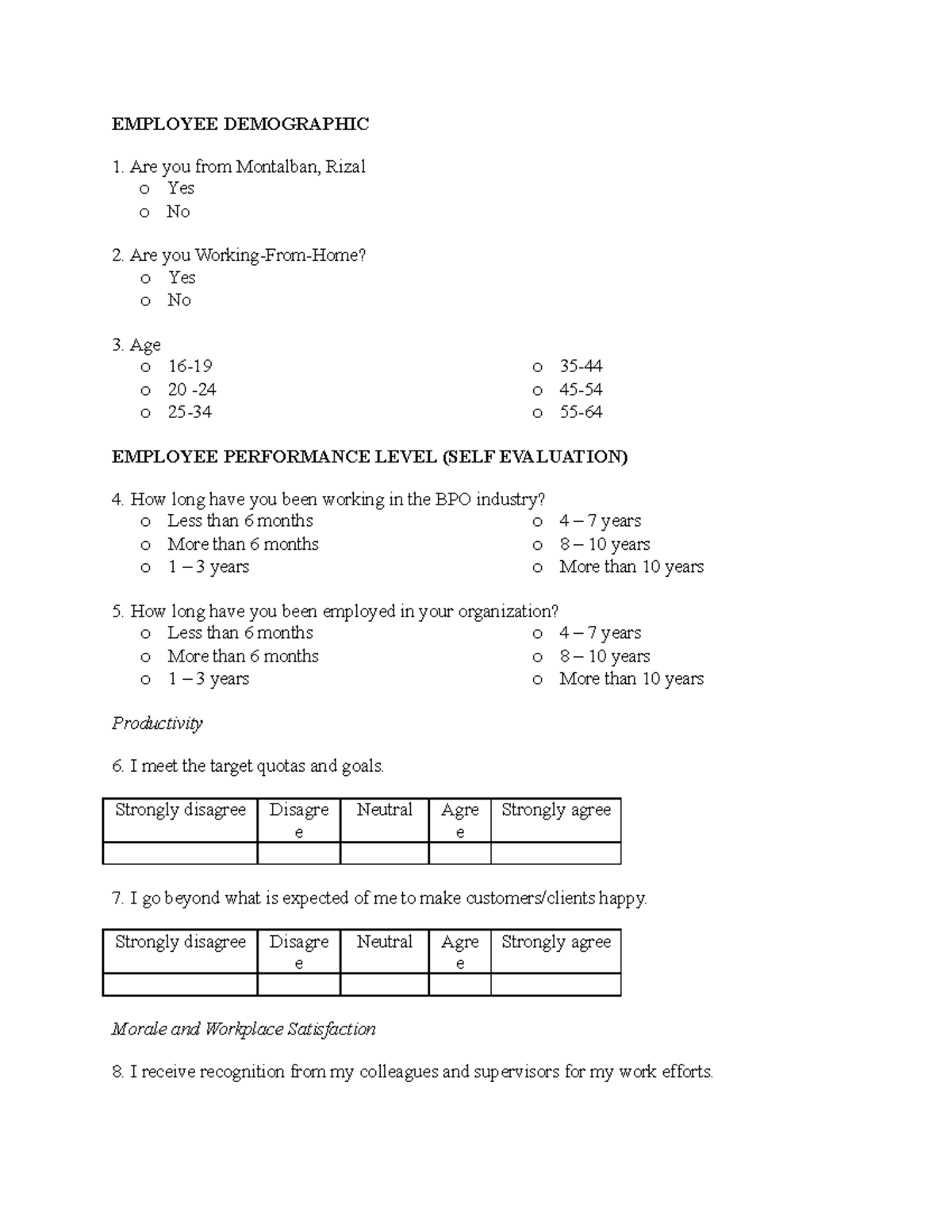 Questionnaire for THESIS on Work from home - EMPLOYEE DEMOGRAPHIC Are ...