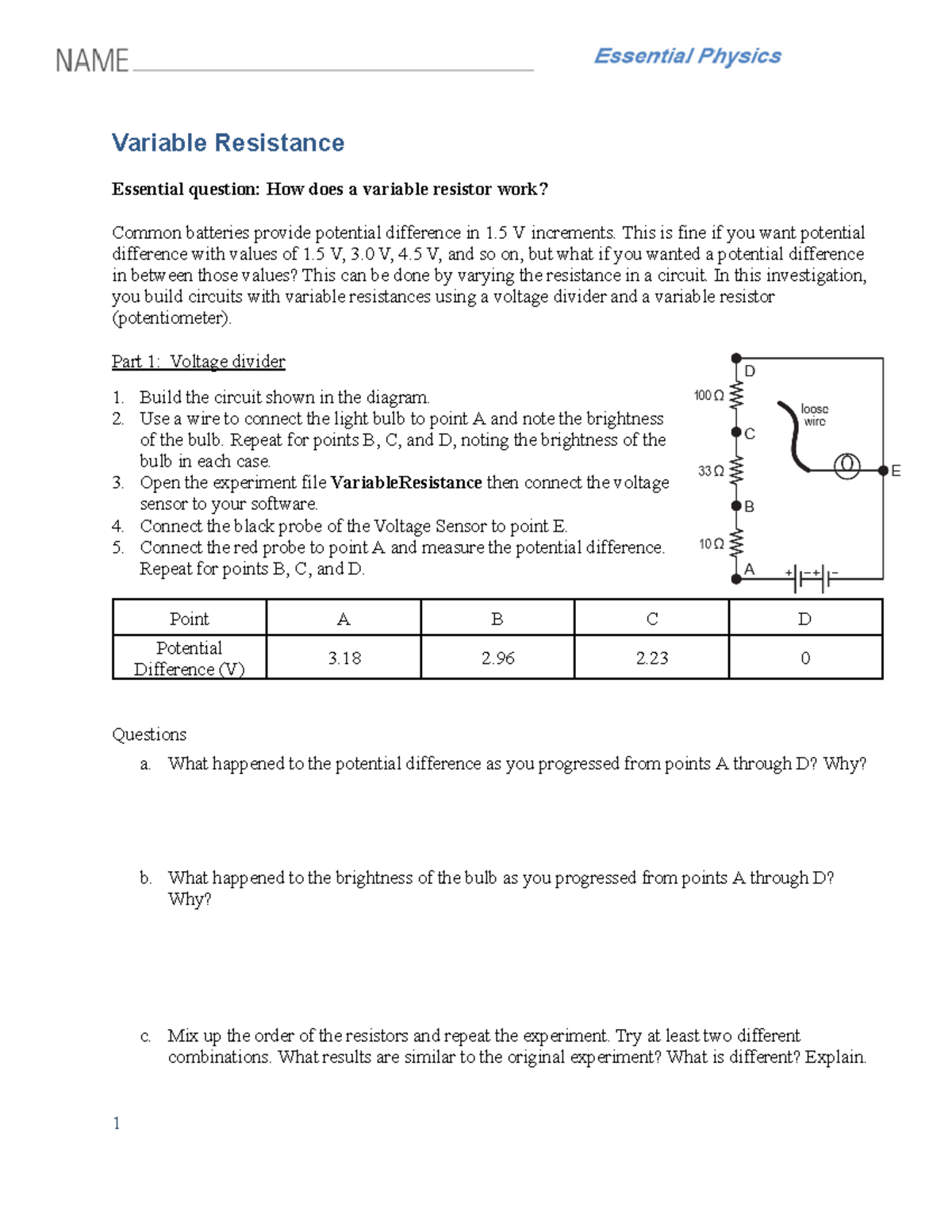 Variable Resistance Lab - Variable Resistance Essential question: How ...