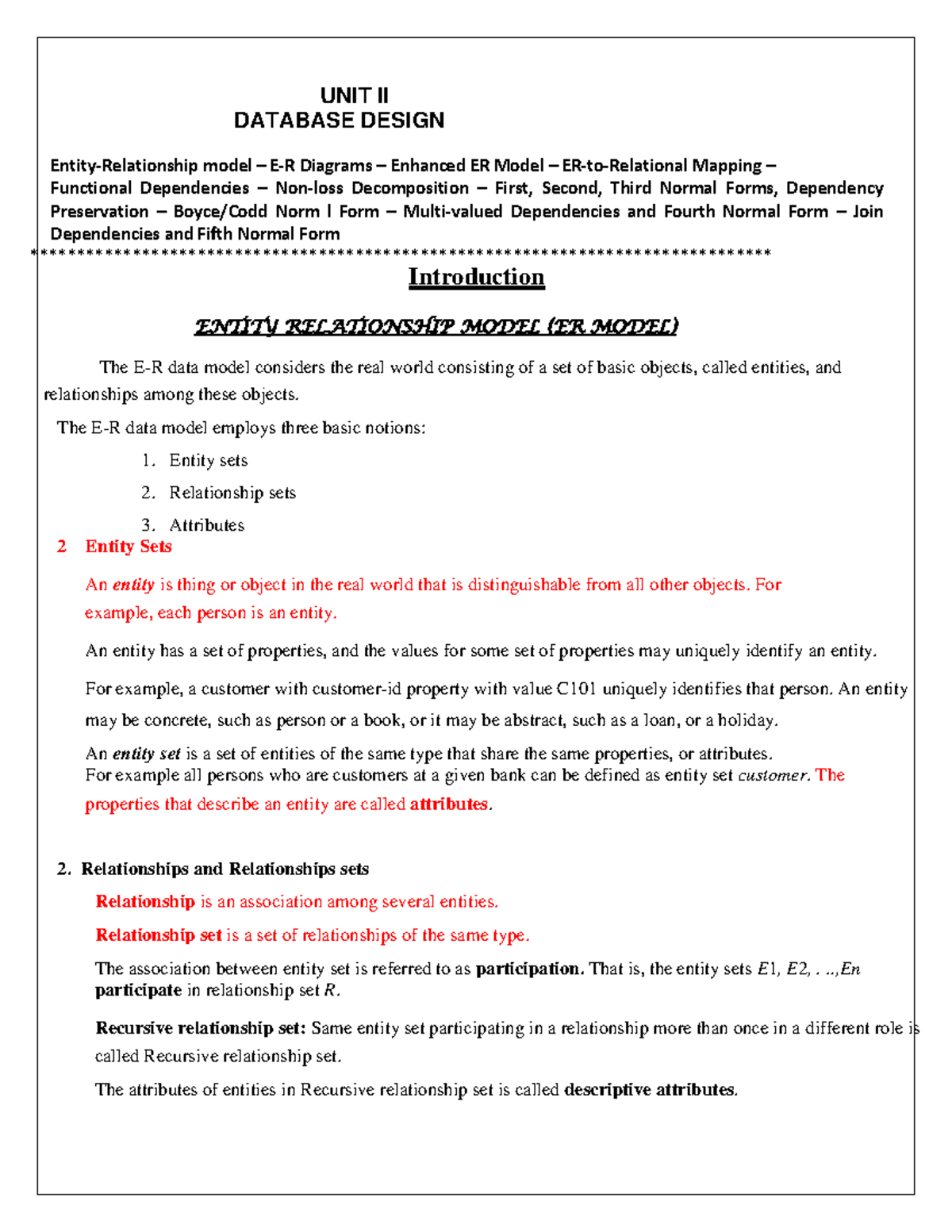 Unit2 Dbms Notes Unit Ii Database Design Entity Relationship Model E R Diagrams Enhanced