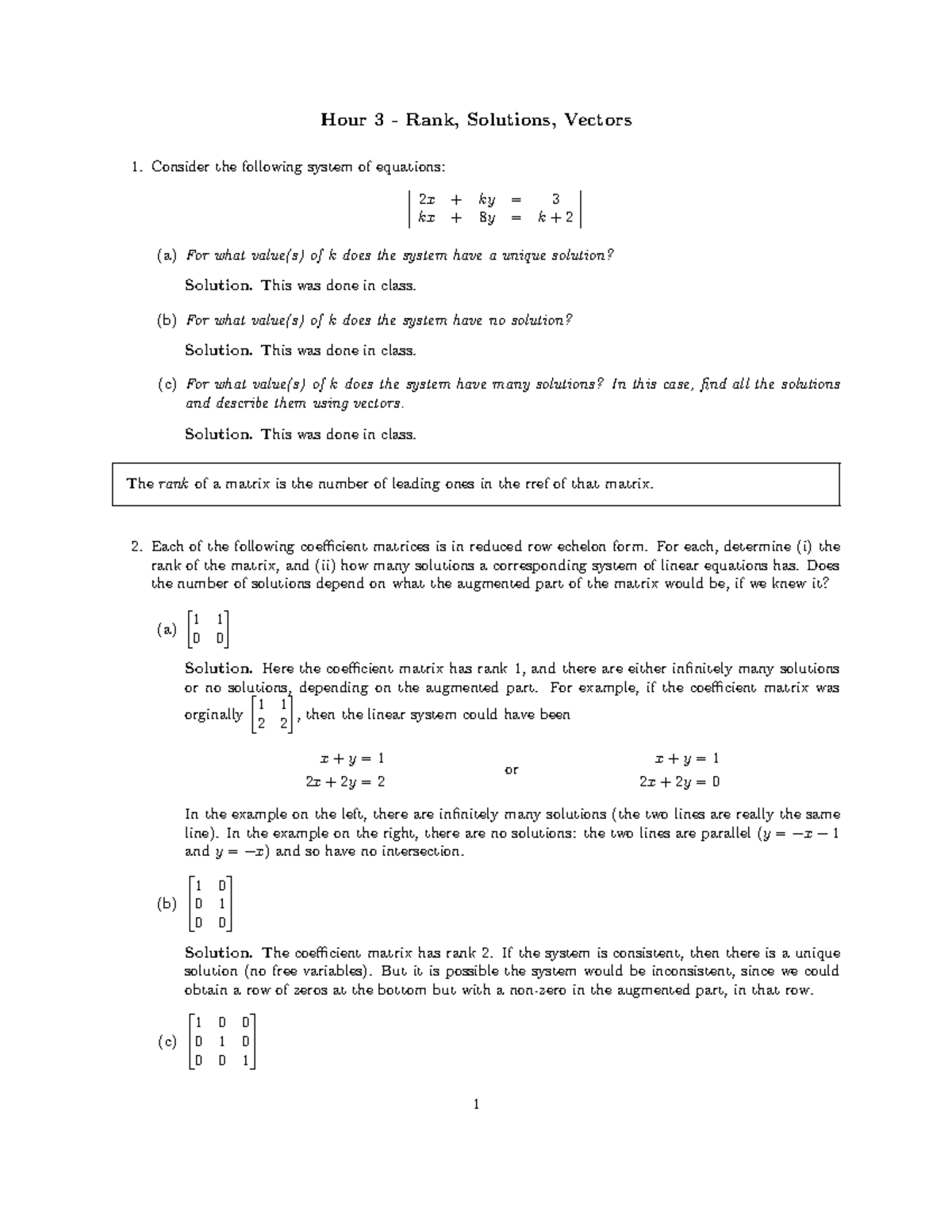 Math 133 H3 - lecture note - Hour 3 - Rank, Solutions, Vectors Consider ...