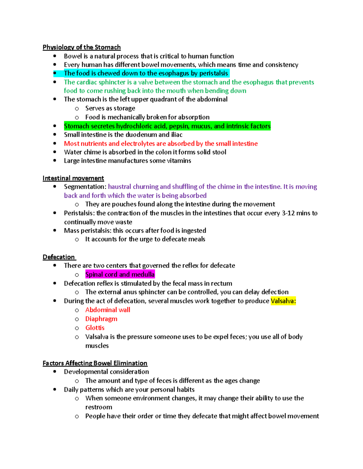 Bowel Elimination - notes - Physiology of the Stomach Bowel is a ...
