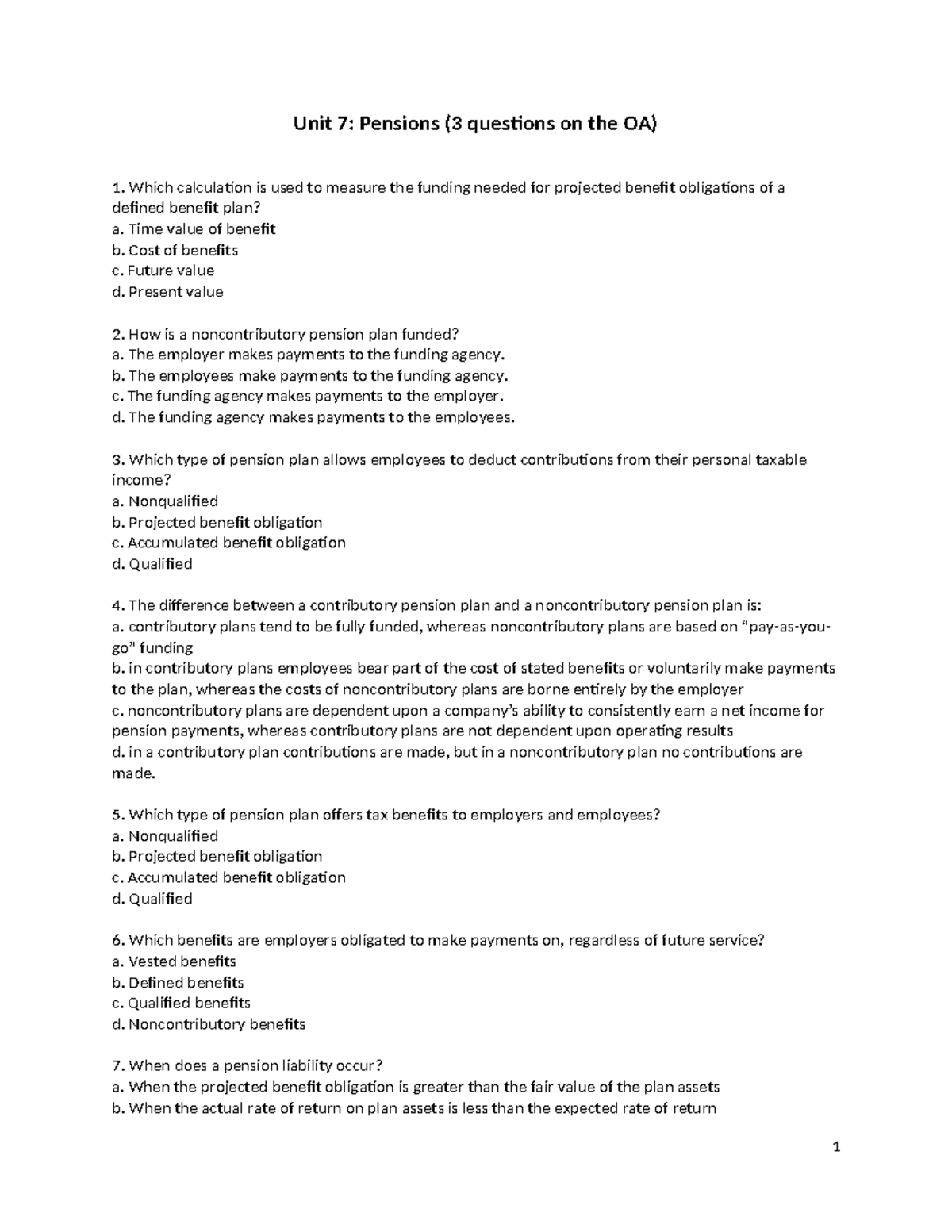 Unit 7 Pensions Questions Only - Unit 7: Pensions (3 questions on the ...