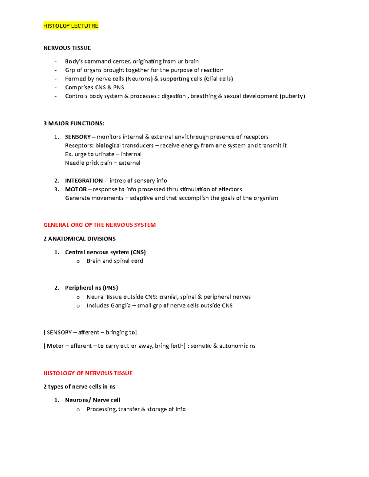 Nervous Tissue PT1 - NERVOUS TISSUE Body’s command center, originating from ur brain Grp of ...