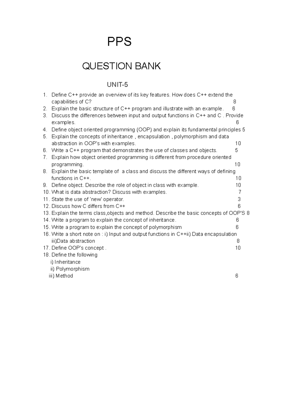 Pps Unit 5 C Pps Question Bank Unit 1 Define C Provide An Overview Of Its Key Features