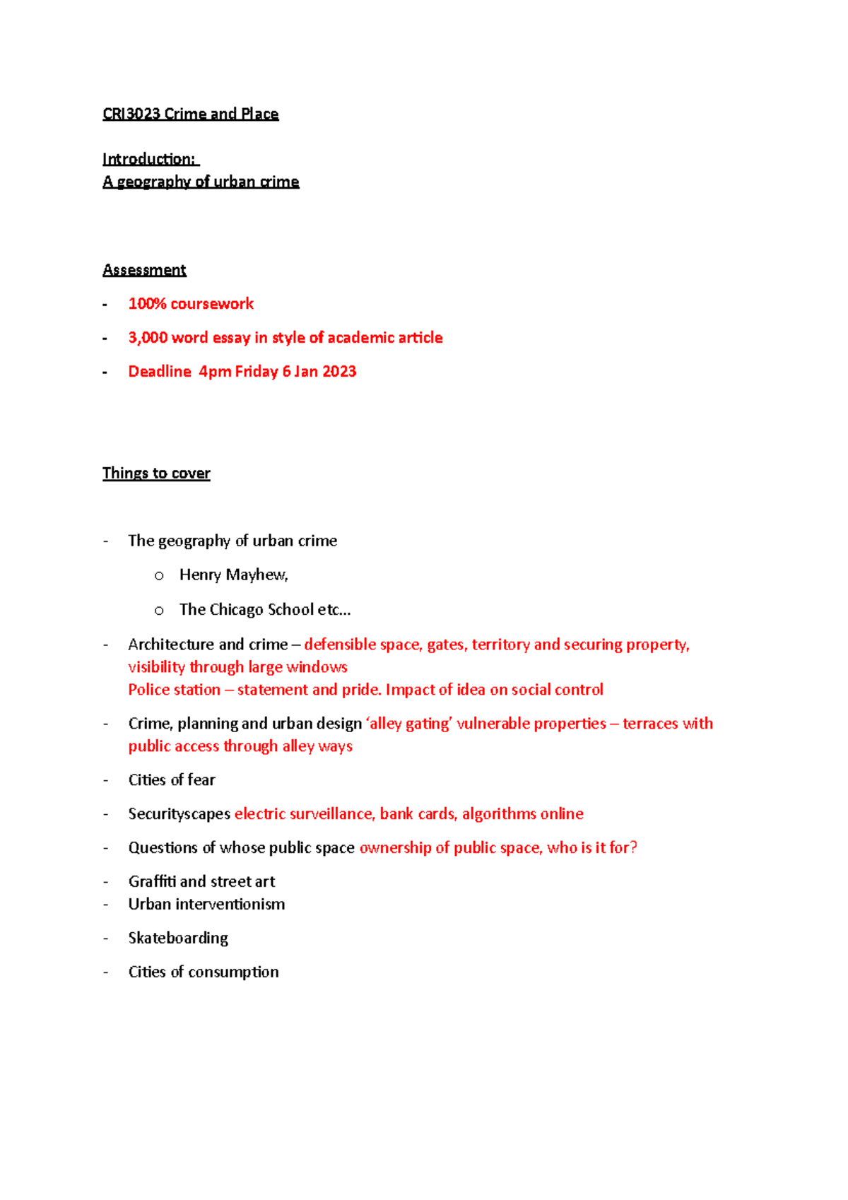 Week 1 introduction - intro - CRI3023 Crime and Place Introduction: A ...