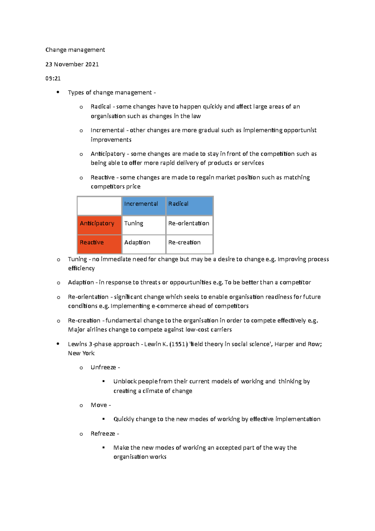 Change management - Lecture notes 8 - Change management 23 November ...