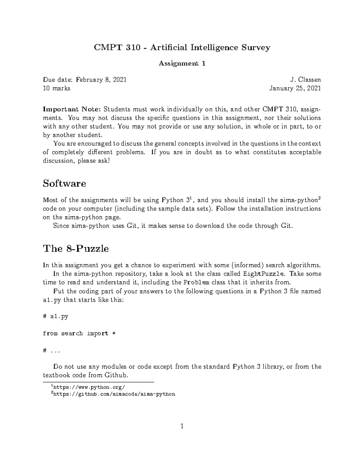 CMPT 310 Artificial Intelligence Survey Assignment 1 - Studocu