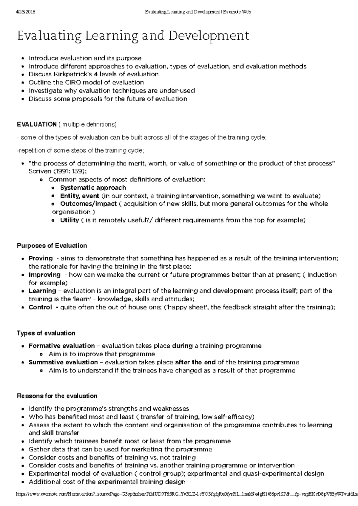 Evaluating Learning and Development lecture notes - Evaluating Learning ...