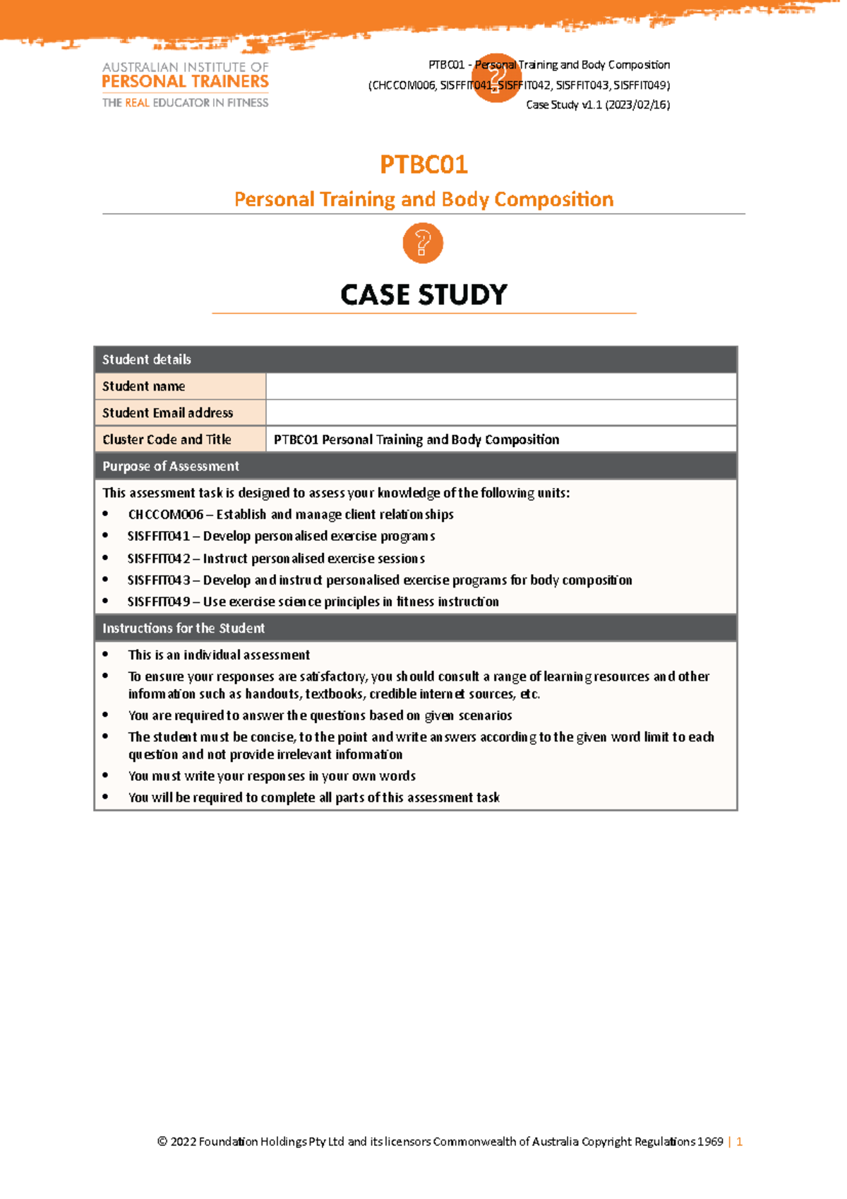 PTBC01 - Case Study (FIT) - (CHCCOM006, SISFFIT041, SISFFIT042 ...
