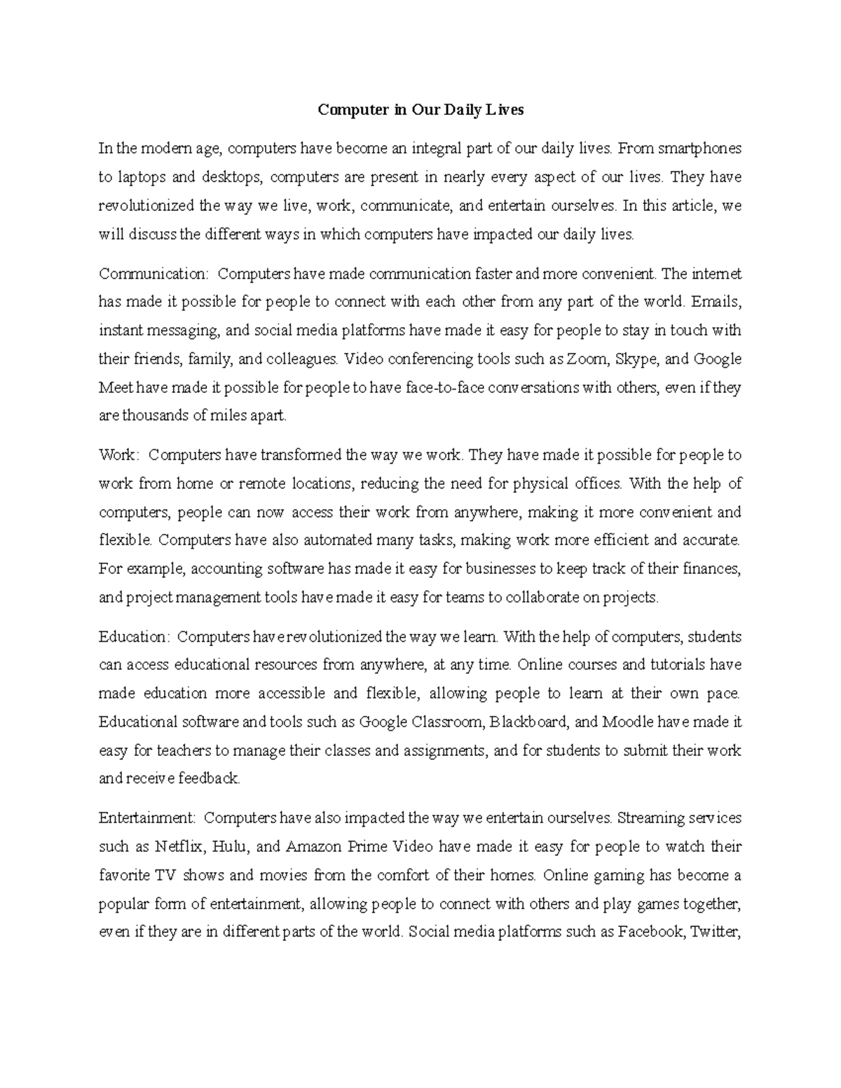 Computer in our daily lives - Computer in Our Daily Lives In the modern ...