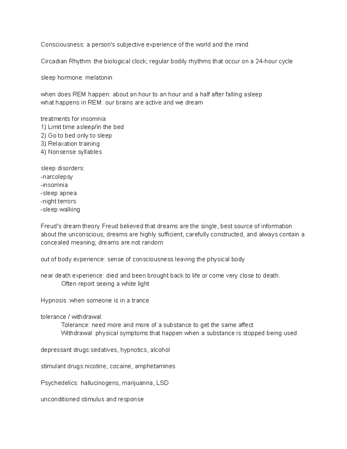 Psychology Exam 2 Review Notes - Consciousness: a person's subjective ...