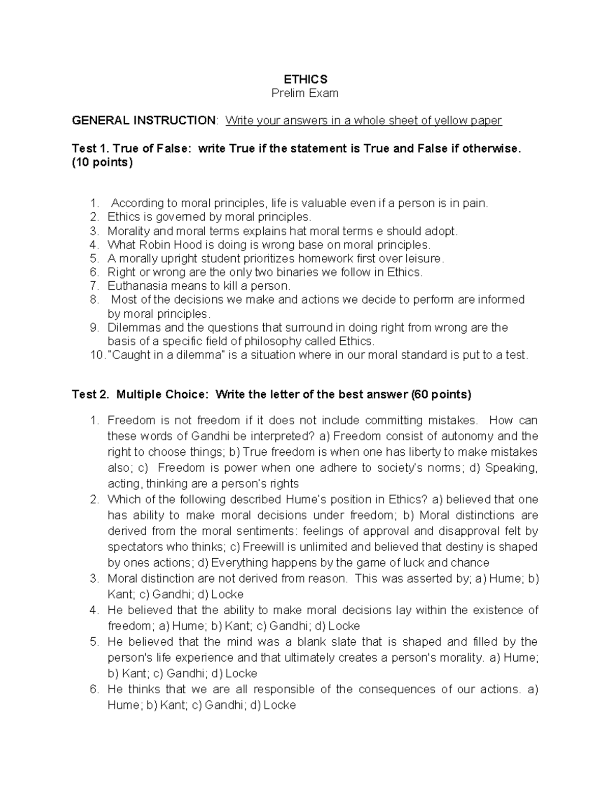 Ethics- Prelim - ETHICS Prelim Exam GENERAL INSTRUCTION: Write your ...