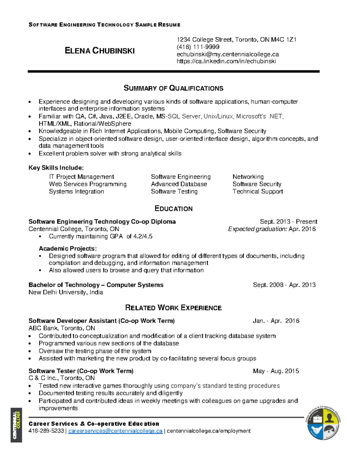 Software Engineer Technology Resume - COMP 120 - Centennial College ...