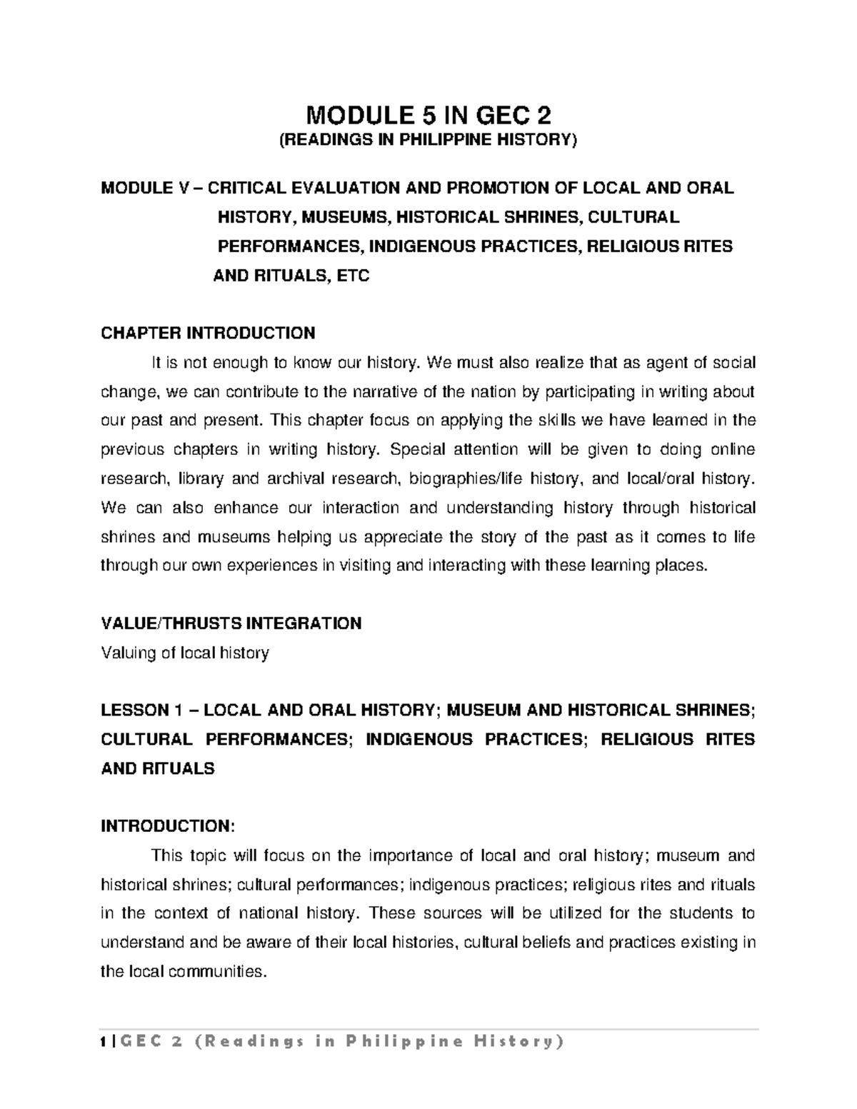 GEC 2 Chapter 5 - MODULE 5 IN GEC 2 (READINGS IN PHILIPPINE HISTORY) MODULE V – CRITICAL ...