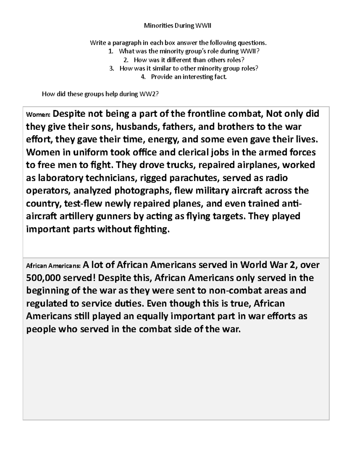 Minorities During WWII 2 (1) - Minorities During WWII Write a paragraph ...
