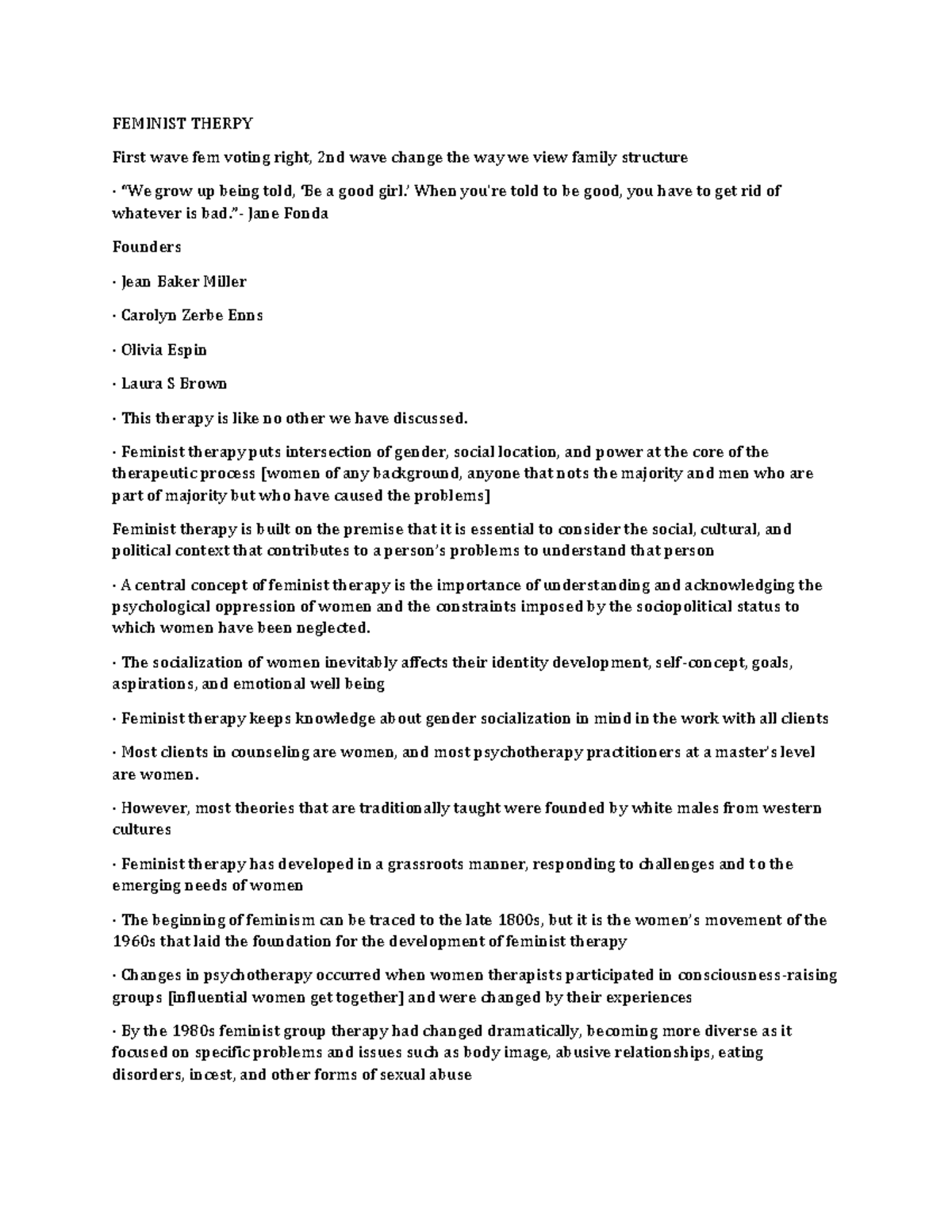 Feminist therapy - FEMINIST THERPY First wave fem voting right, 2nd ...