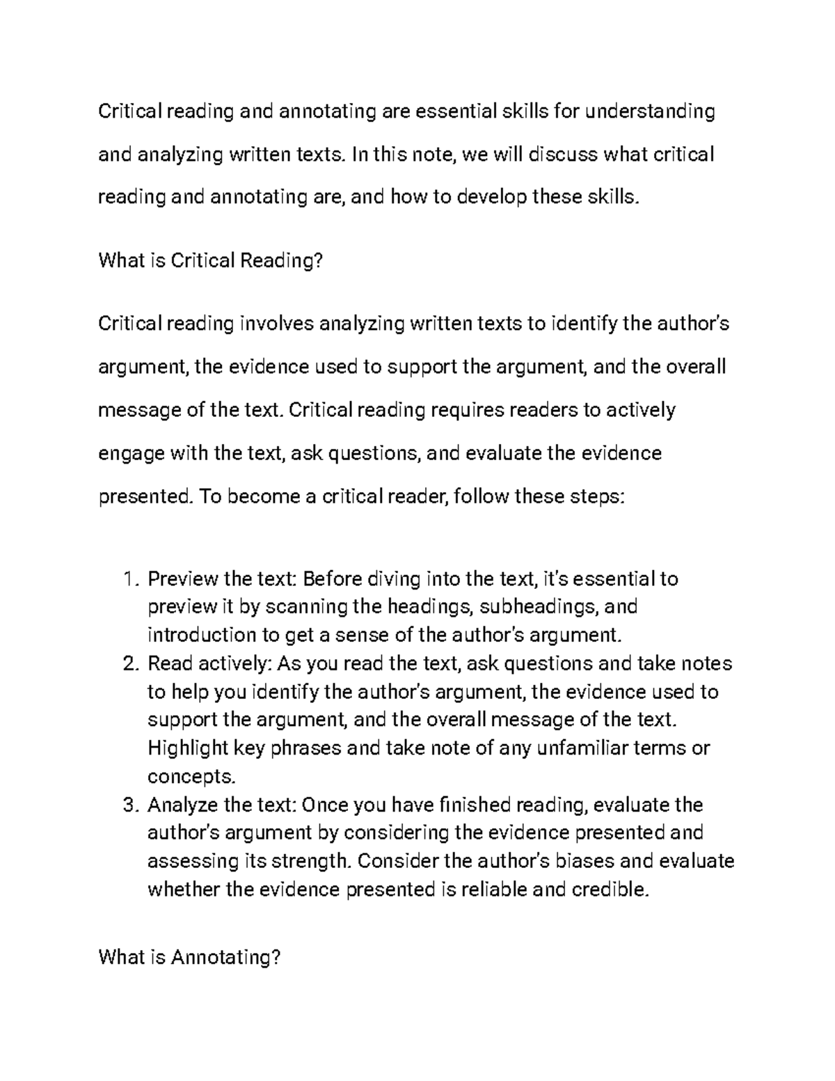 Critical reading and annotating - In this note, we will discuss what critical reading and ...