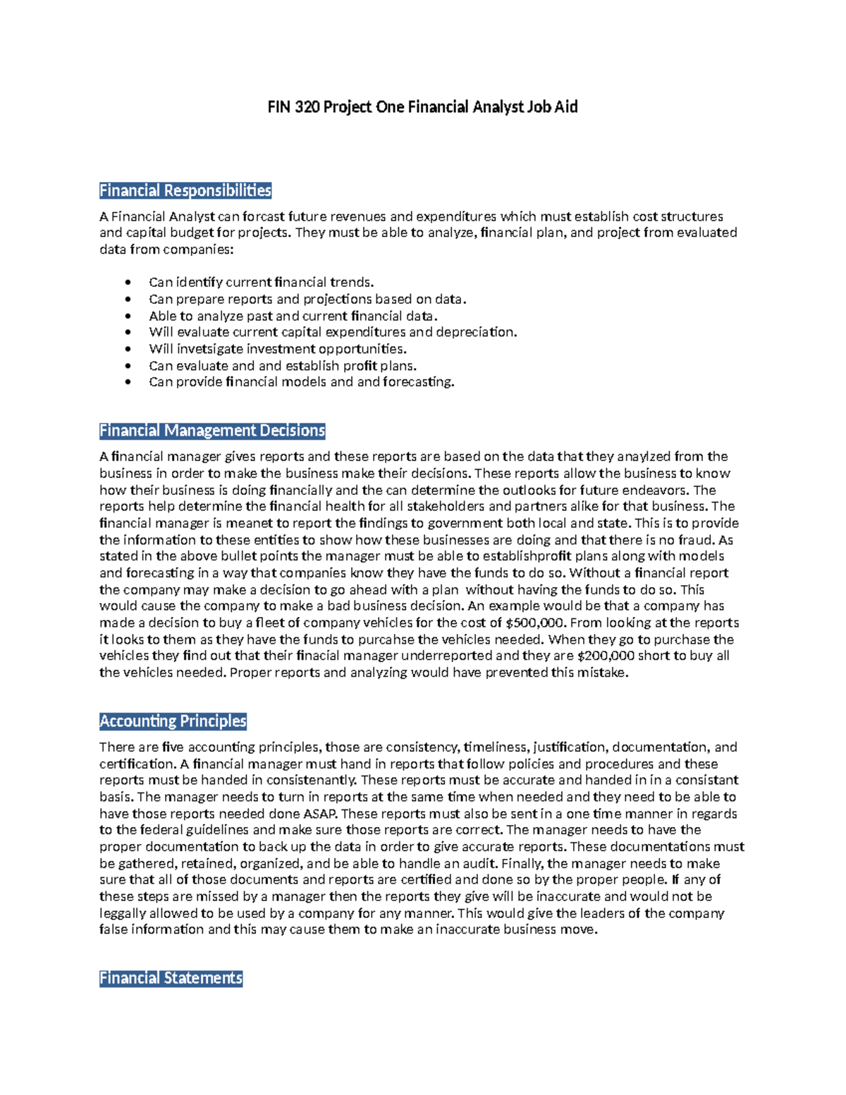 FIN 320 Project One Financial Analyst Job Aid - They must be able to ...