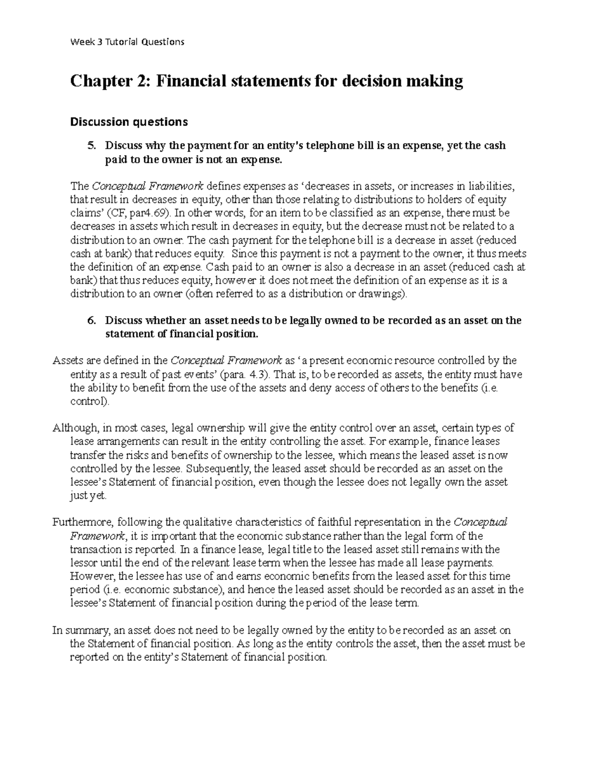 Week 3 Tutorial Solutions - Chapter 2: Financial statements for ...