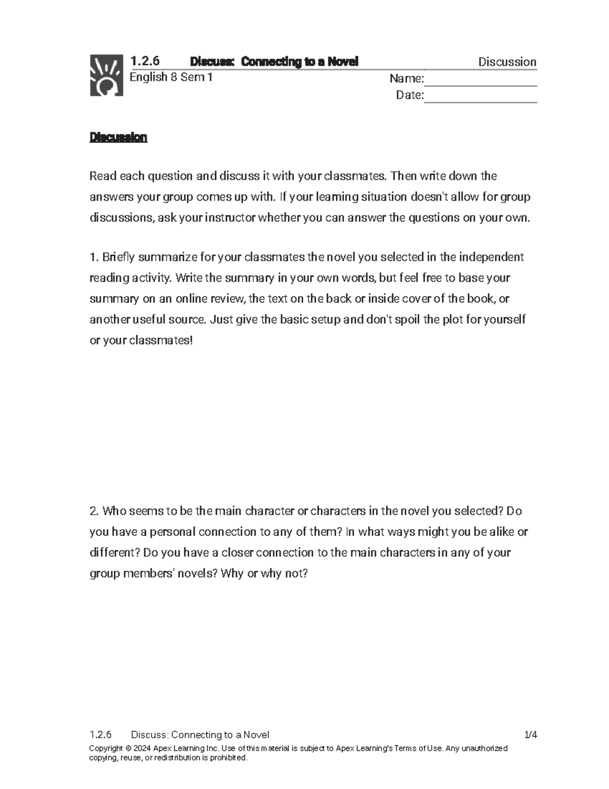 1.2.6 Discuss - Connecting to a Novel (Discussion) - Discuss ...