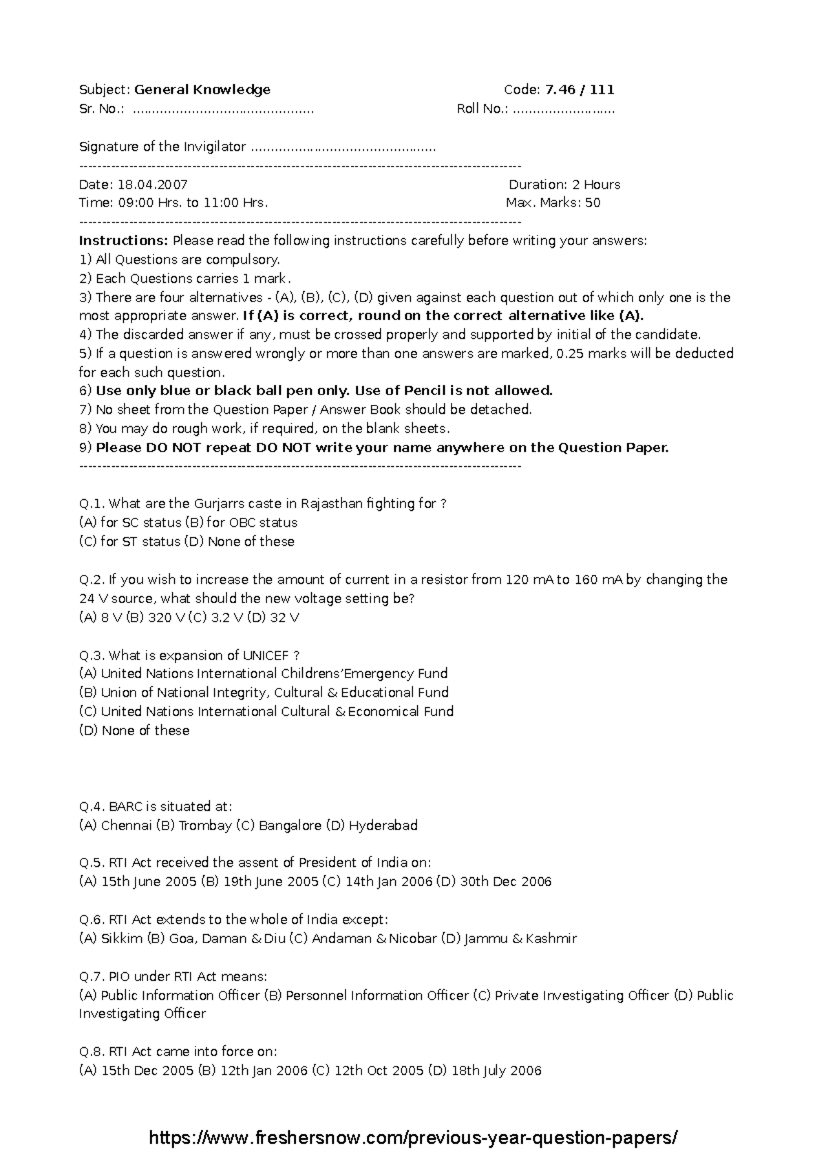 PPSC Junior Engineer General Knowledge Model Paper - Subject: General ...