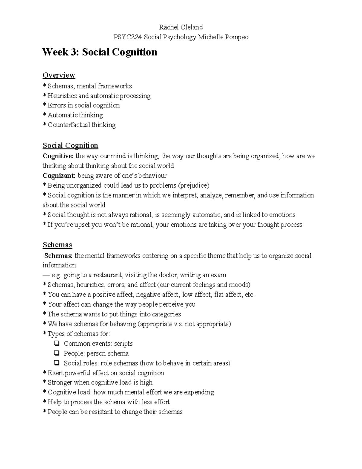 Week 3: Social Cognition - Rachel Cleland PSYC224 Social Psychology ...