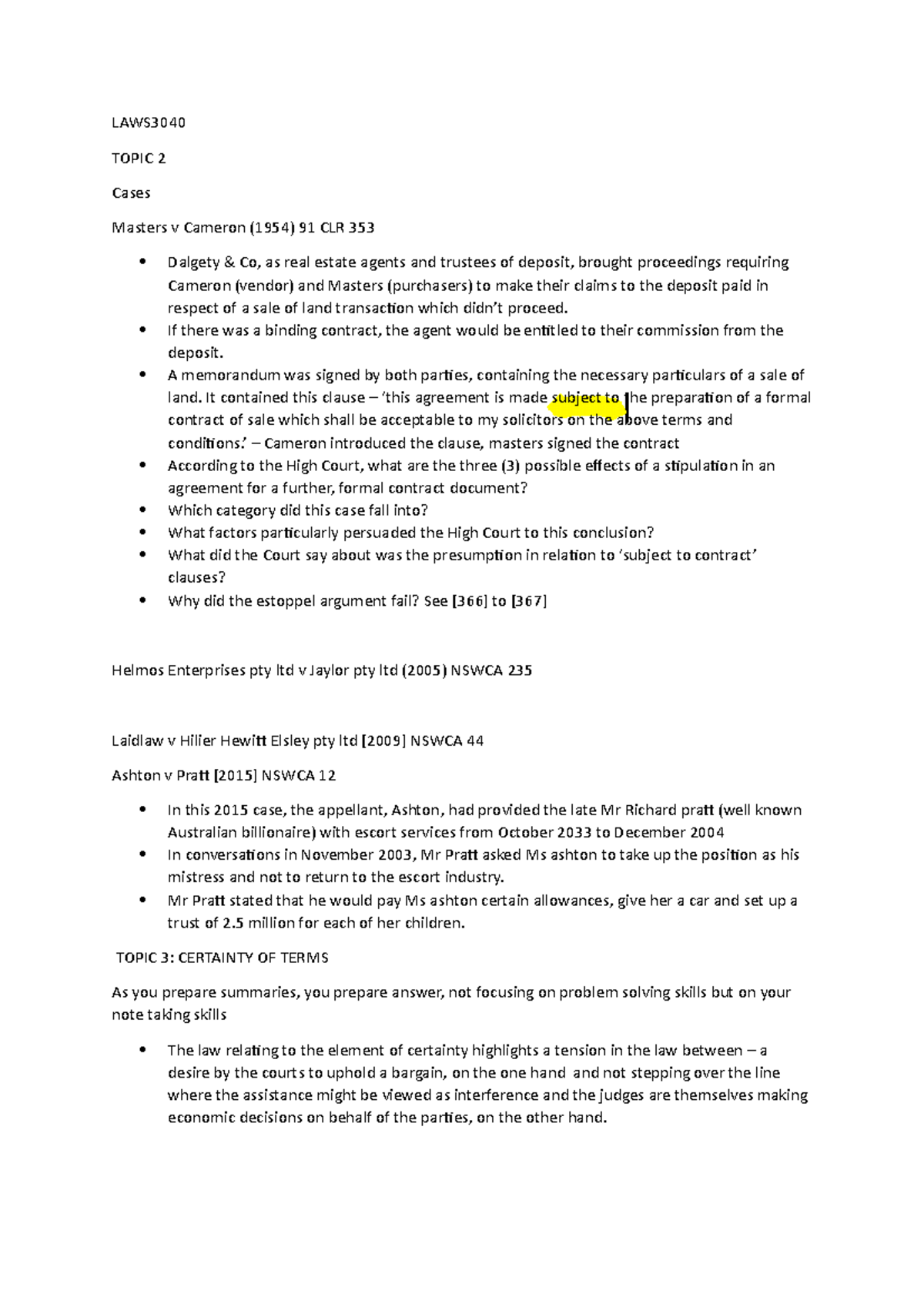 WK 3 LAWS 3040 - Lecture notes 3 - LAWS TOPIC 2 Cases Masters v Cameron ...