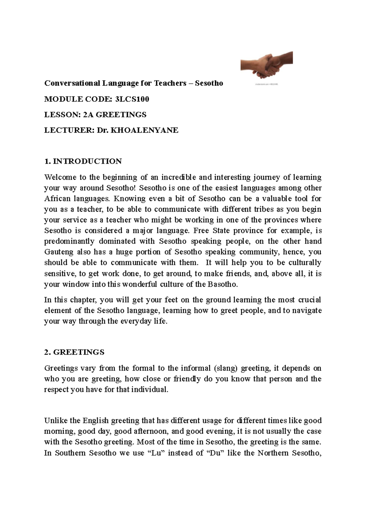 Lesson 2 a- Greetings - Conversational Language for Teachers – Sesotho ...